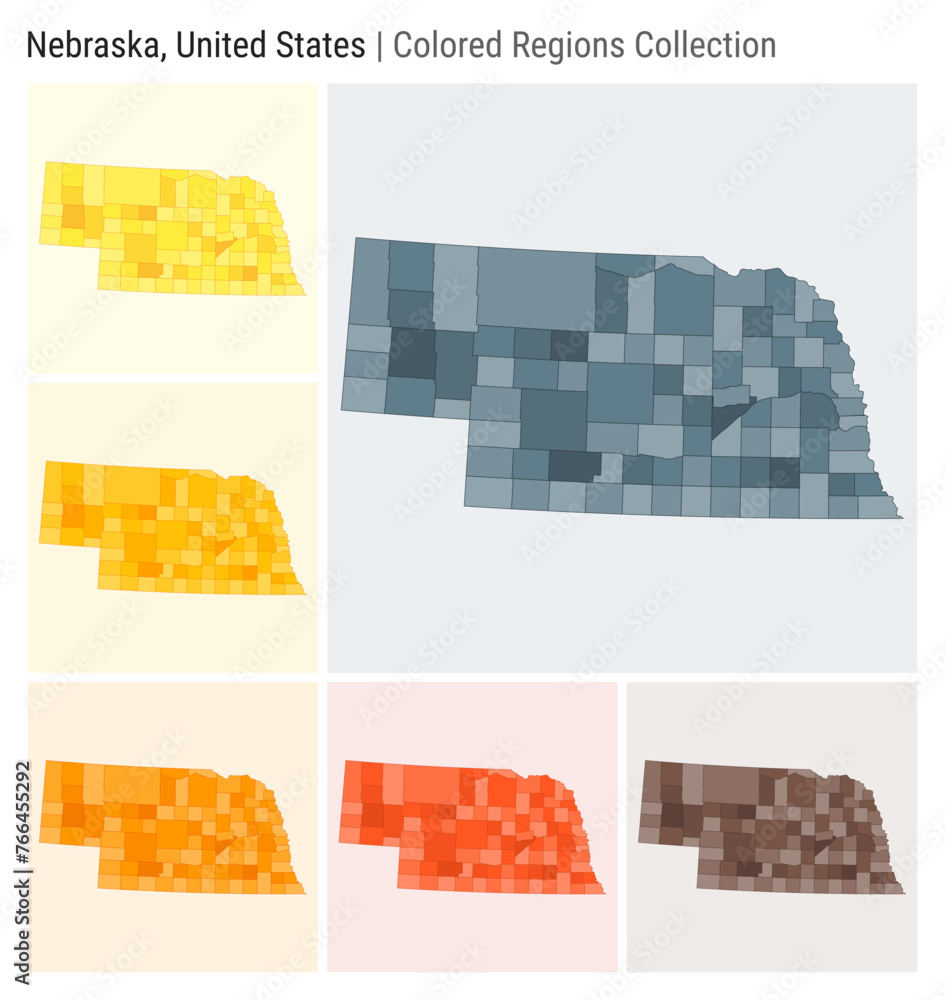 Nebraska, United States. Map collection. State shape. Colored counties ...
