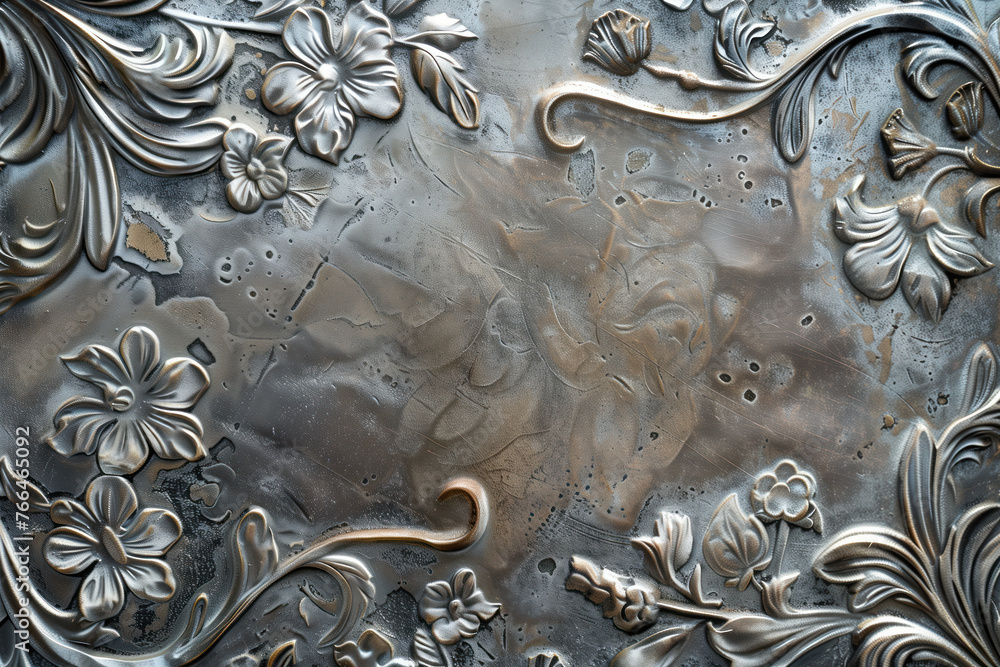 Tarnished silver metal background texture with floral relief pattern ...