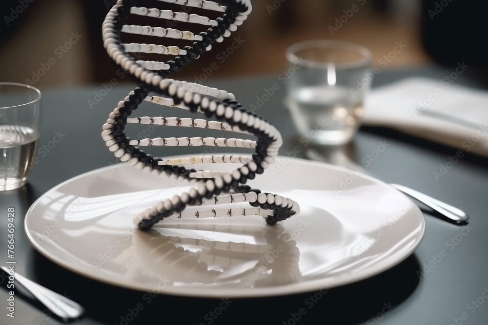 Genetically modified DNA and genes depicted on a plate, fork, and knife ...
