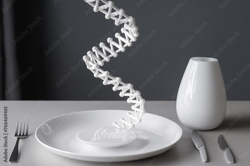 Genetically modified DNA and genes depicted on a plate, fork, and knife ...