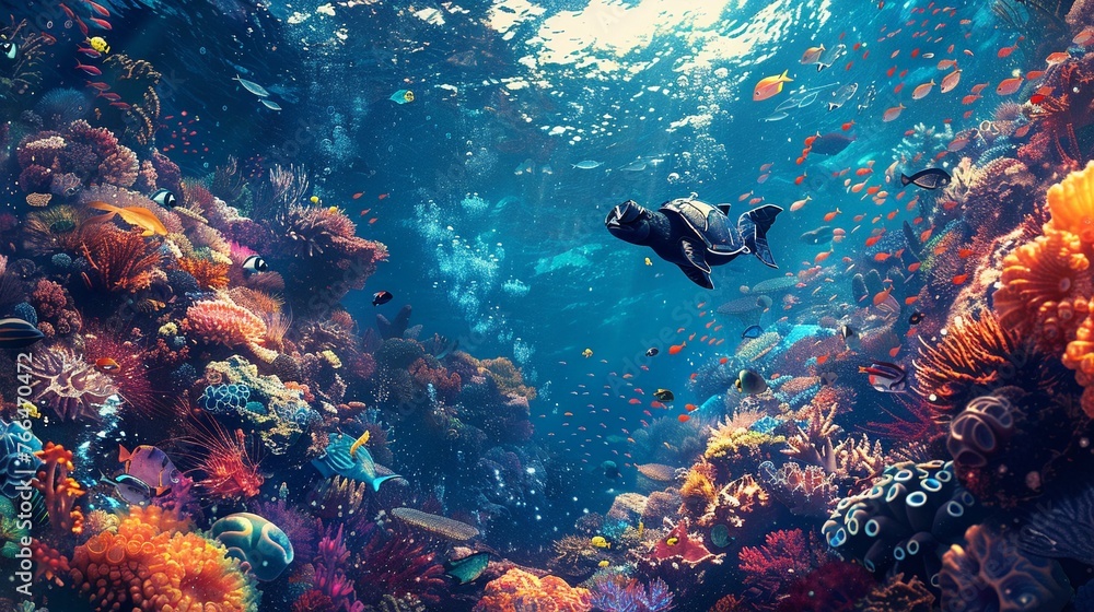 Bring to life the magic of deep sea diving with a captivating worms-eye ...