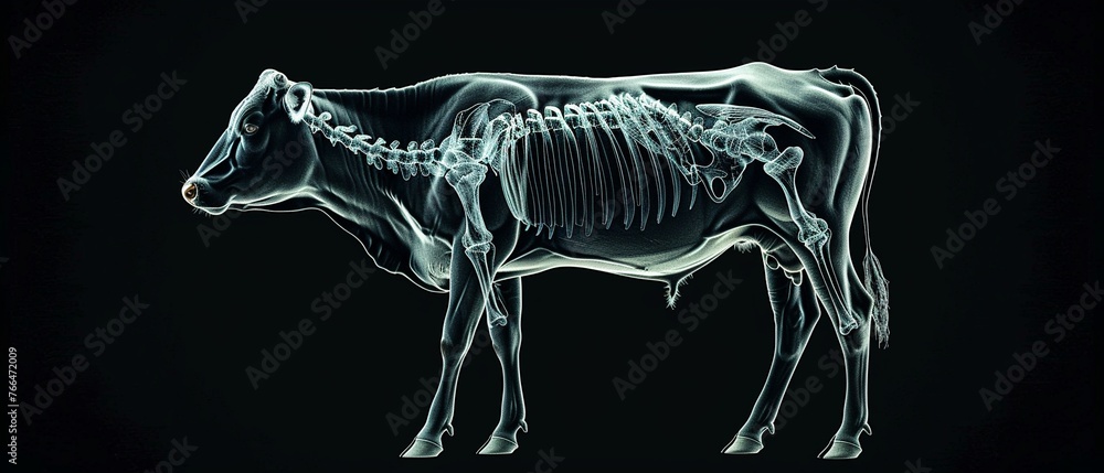 A detailed X-ray image showing the internal anatomy of a cow including ...