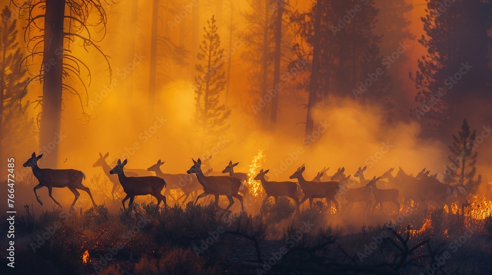 A herd of deer running through smoke on a path to escape a devastating ...