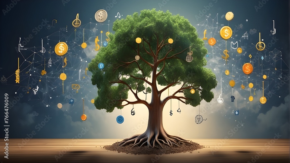 The idea behind fintech is like a tree with rising financial graphs and ...