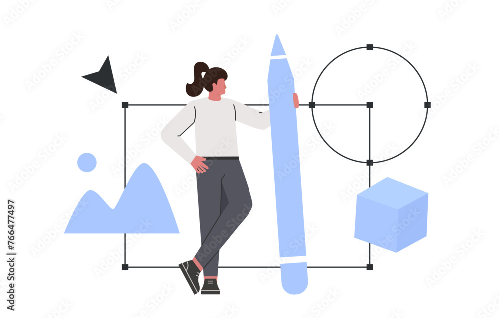Woman illustrator working in vector graphics editor or design program ...
