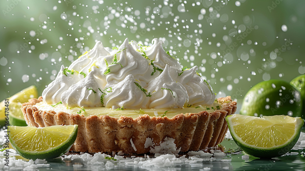 Fresh key lime pie with fluffy whipped cream and lime zest, accompanied ...