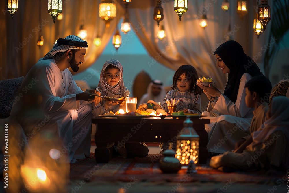 Iftar Ramadan, Muslim family celebrate Ramadan with their children, with a BASKET of fruits ...
