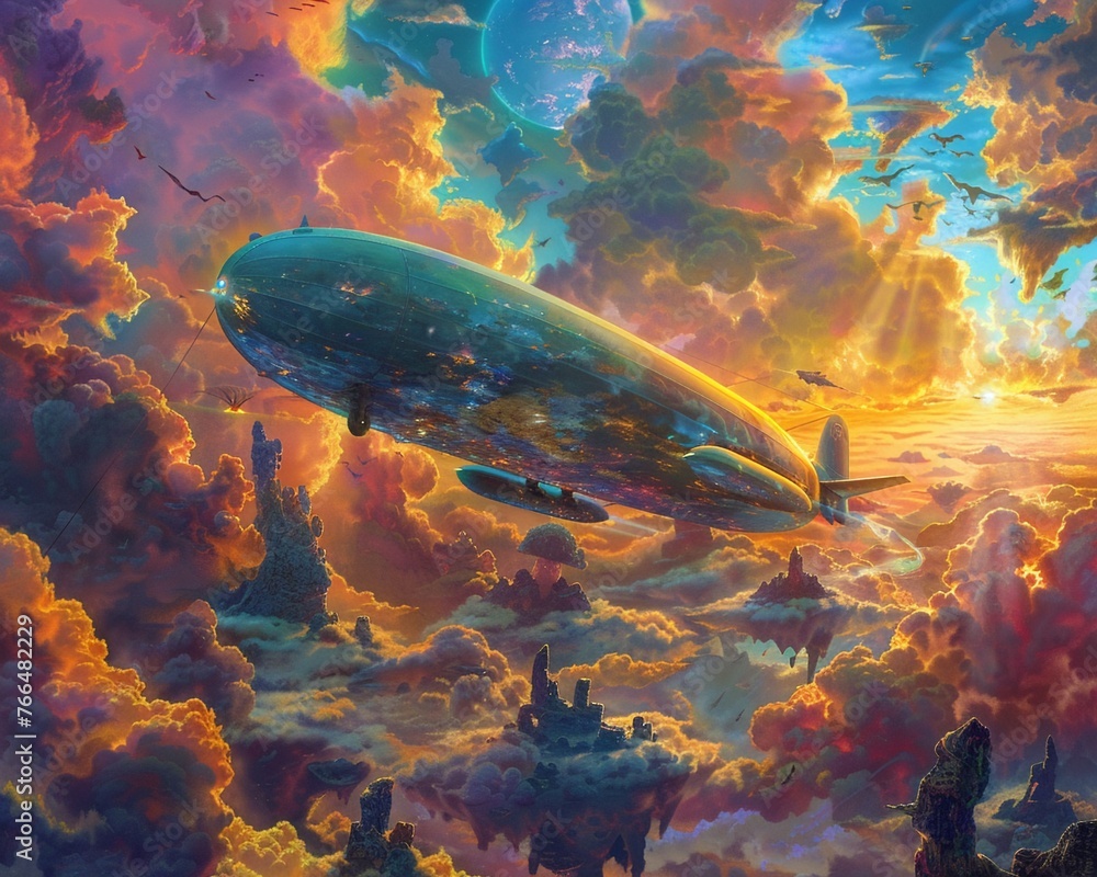 Riding a blimp through a fantastical sky filled with floating islands ...