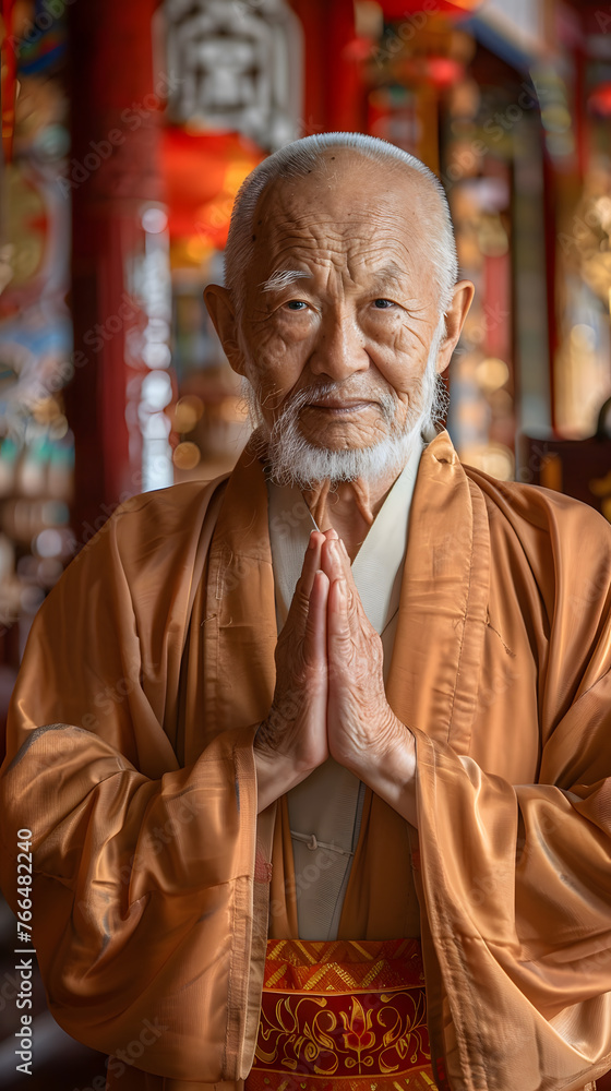 An elderly man with a beard and moustache is praying in a temple, his ...