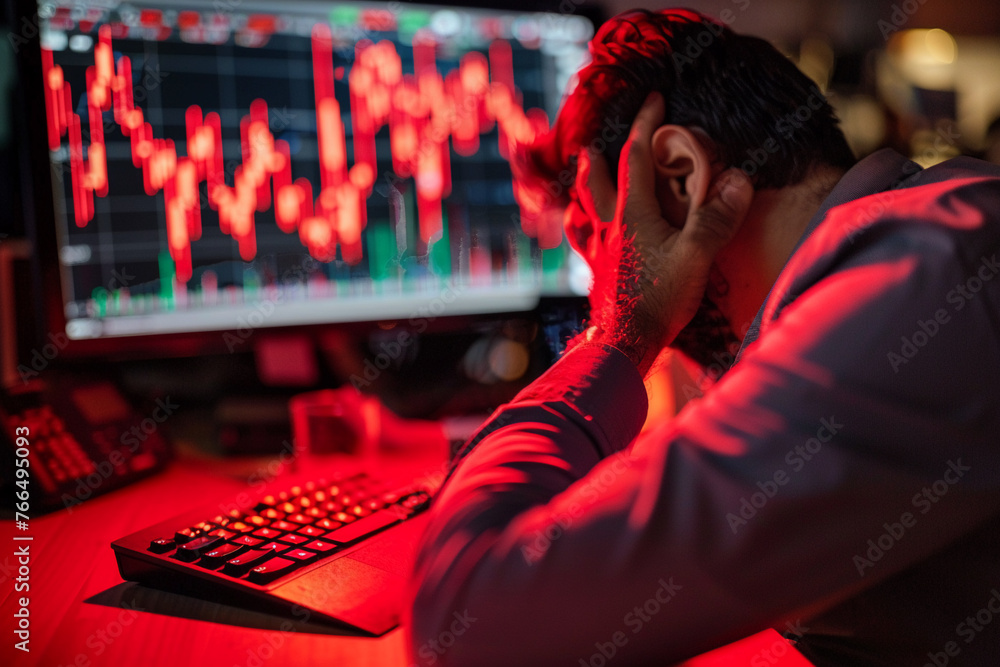 Day trader suffering at his desk looking at the red graph market crash ...