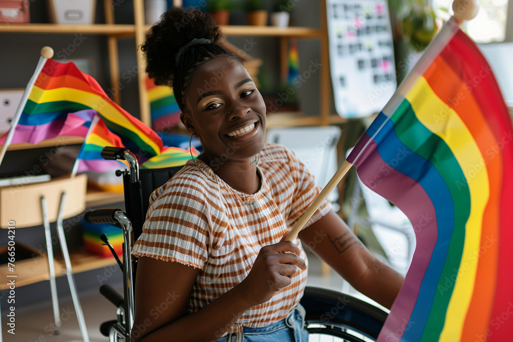 Happy disabled lesbian black woman in wheelchair celebrating pride in ...