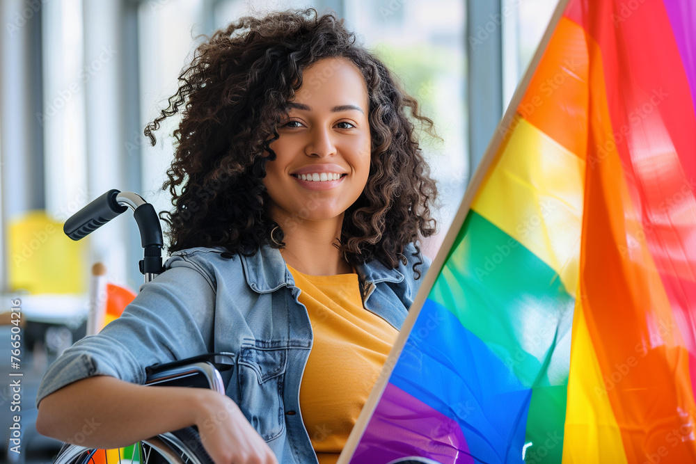 Happy disabled gay lesbian woman in wheelchair celebrating pride in ...