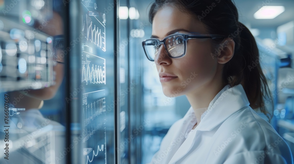 A focused female scientist reviews complex data visualizations on a ...
