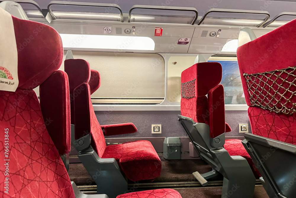 Comfy seats inside the first class cabin of Al Boraq high speed train ...