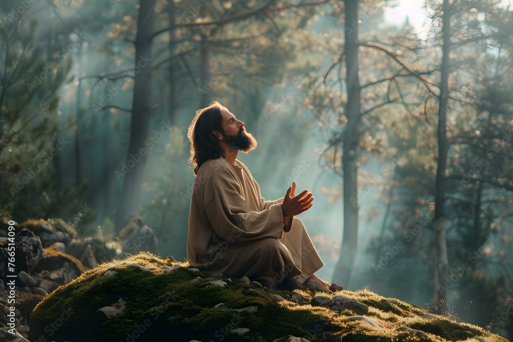 Jesus giving the Sermon on the Mount surrounded by nature sharing words ...