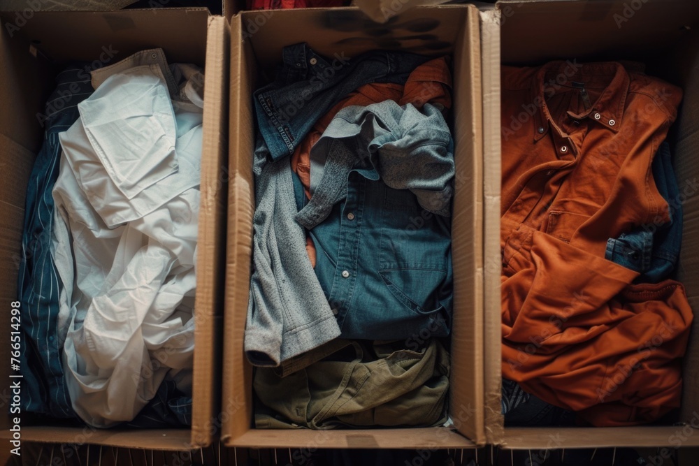 Three cardboard boxes filled with clothes. The boxes are of different ...