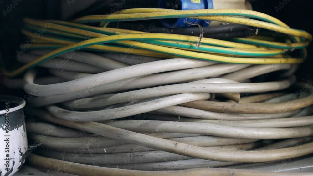 Vidéo Stock Dirty old coil wires in warehouse, cables of different ...