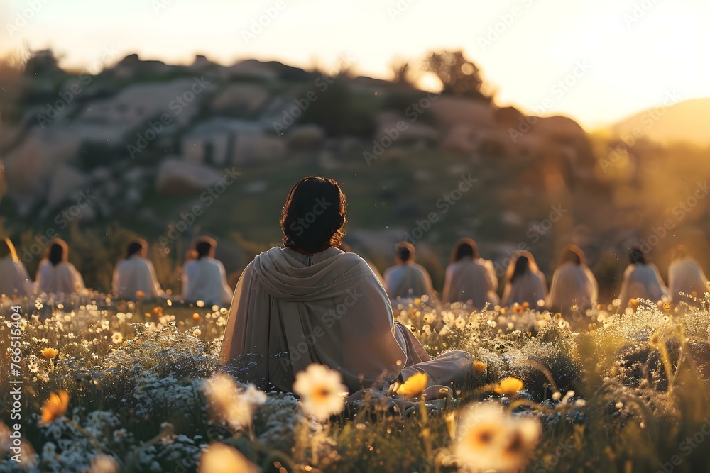 Jesus delivering the Sermon on the Mount surrounded by nature sharing ...