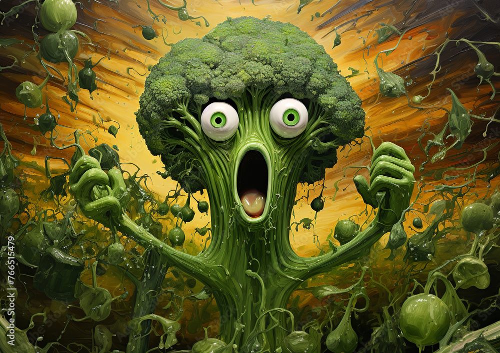 A personified broccoli appears to be screaming with wide, startled eyes ...