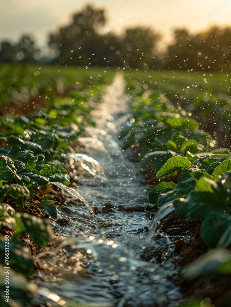Irrigation water flowing through farm crop rows with mountain backdrop ...