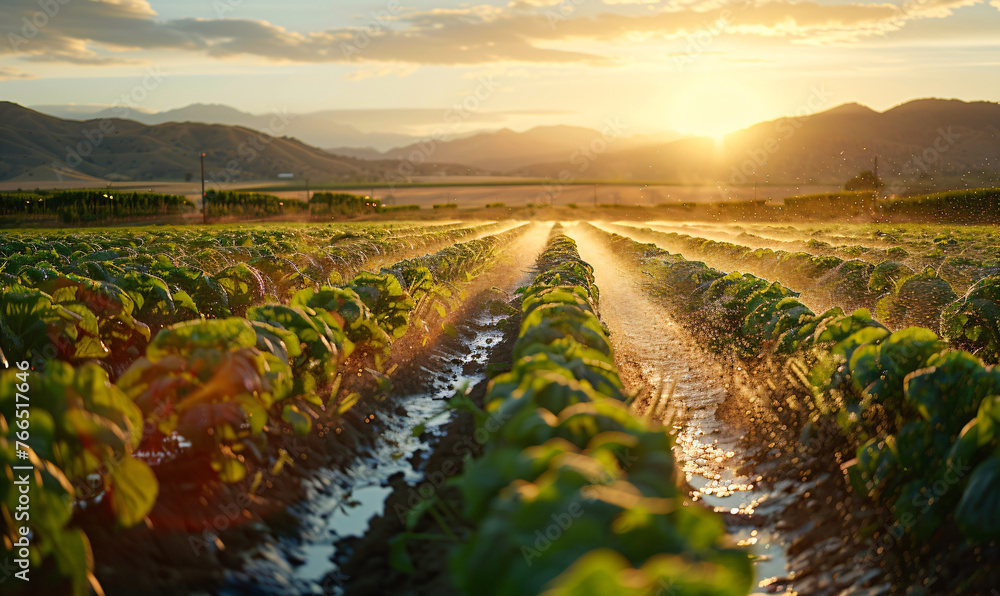 Irrigation water flowing through farm crop rows with mountain backdrop ...