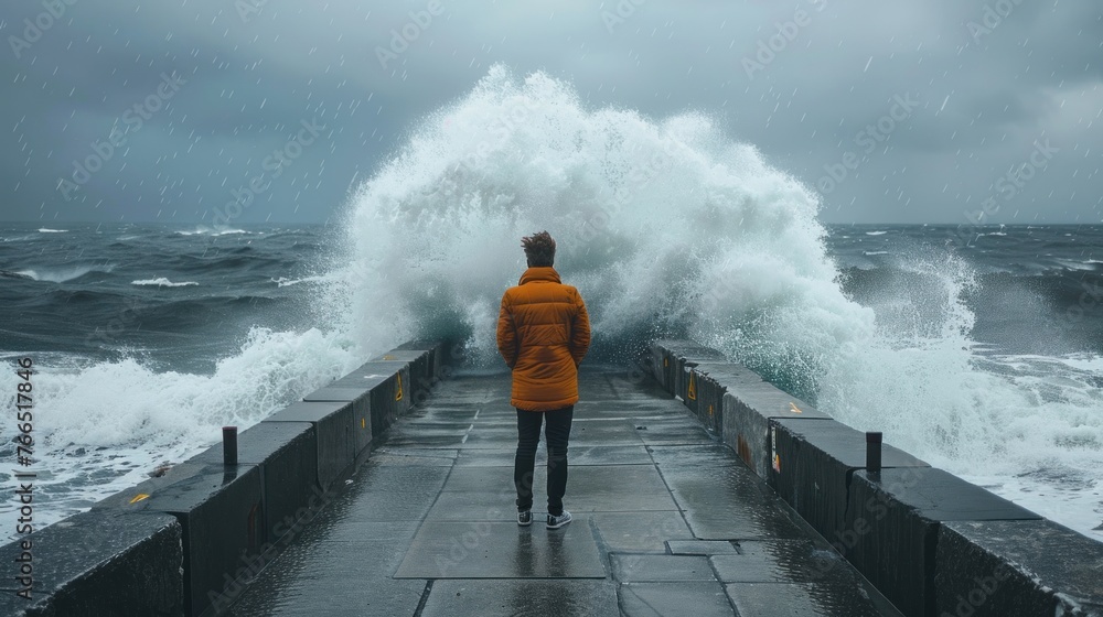 young man standing facing the sea standing on the pier facing the sea ...