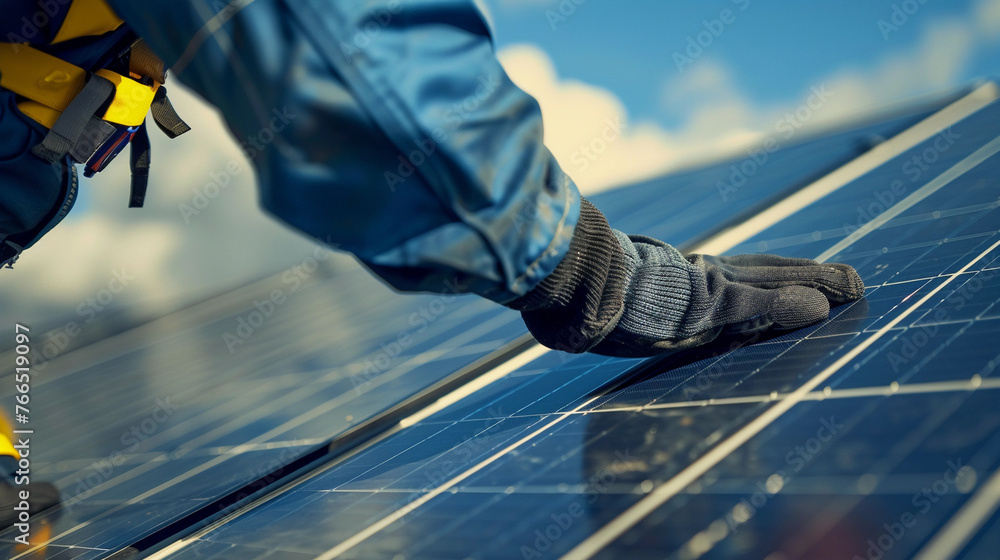 Portrait of hand on solar panels, electrical technician installing ...