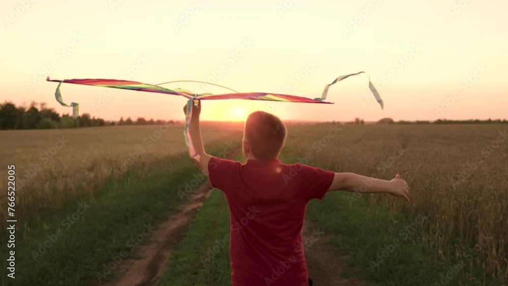 Vidéo Stock child kid boy runs joyfully, controlling flying kite whose ...