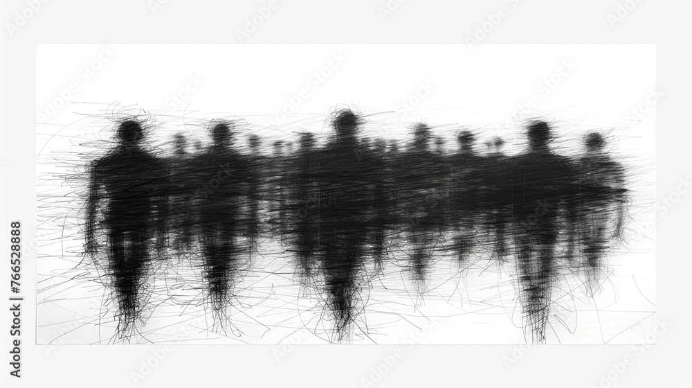 The black and white drawing depicts many faceless figures of people in ...