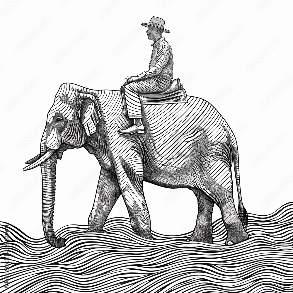 A man has saddled an elephant and is riding on its back. Black and ...