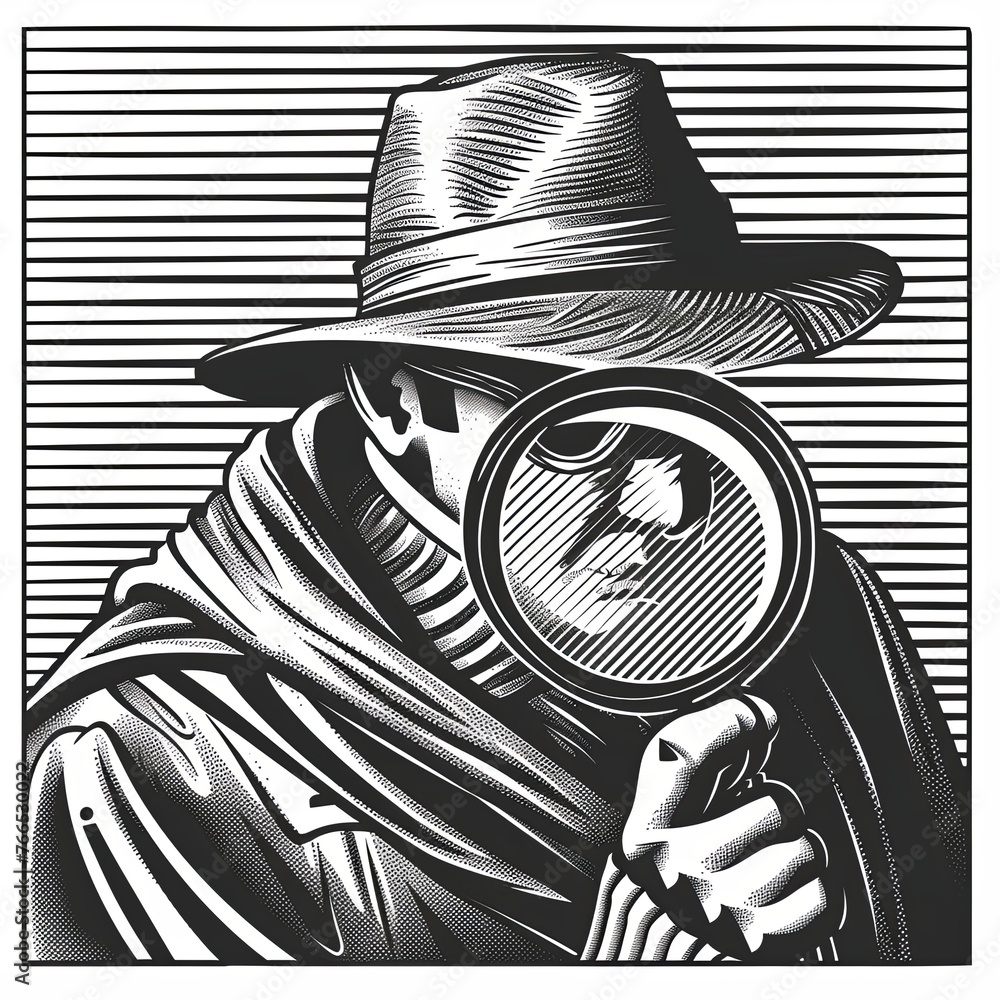 Male detective or spy with hat and magnifying glass in hand ...