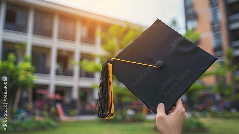 Graduation Caps Thrown in the Air. close up graduate hand hold show hat ...