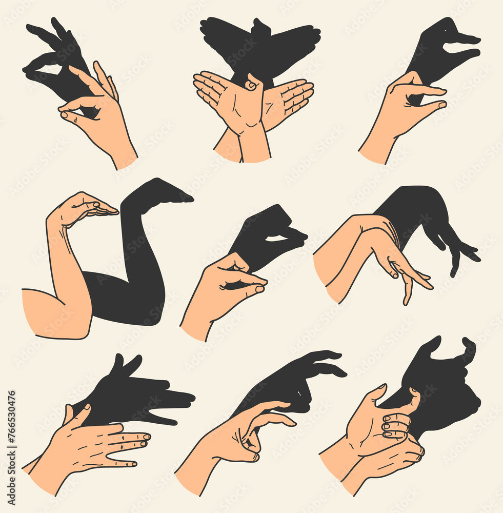 Hands gestures shadow set. Gaming animal puppets from hands. Light ...