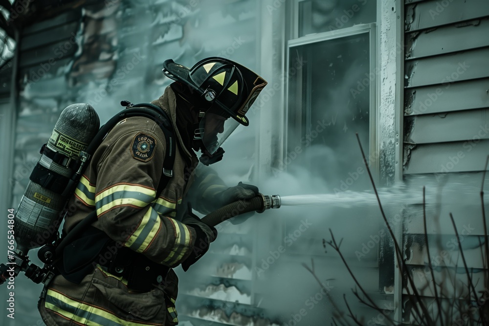 Firefighter extinguishing a fire in a burning house using a water foam ...