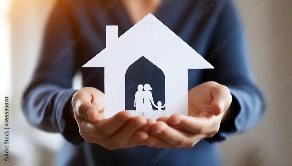 house in hand, Man around 30 years old, with two children around 8 ...