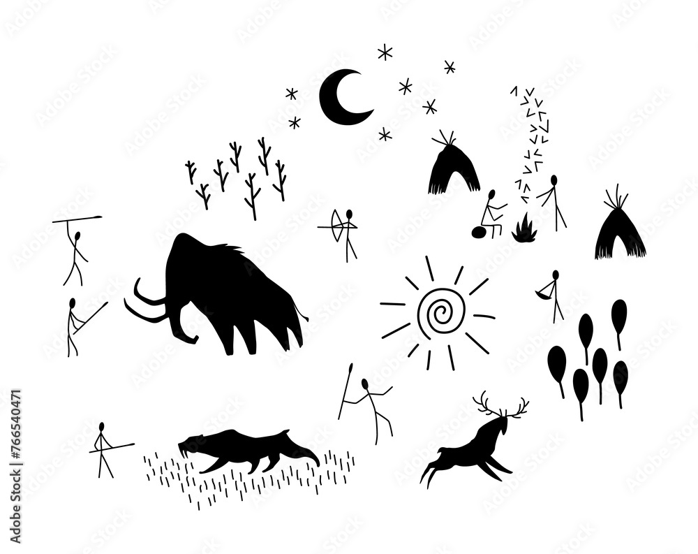 Prehistoric cave paintings. Old drawings of primitive people, stone age ...