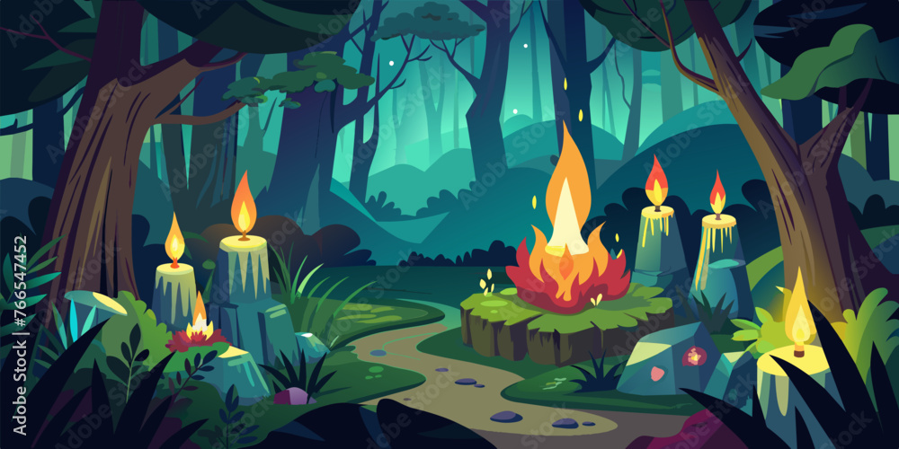 Mystical Forest Pathway: An enchanting illustration of a forest with a ...