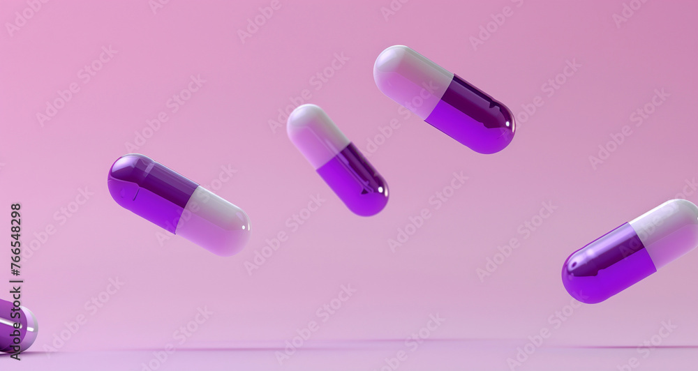 White and purple pills levitating on a light purple background. Modern ...