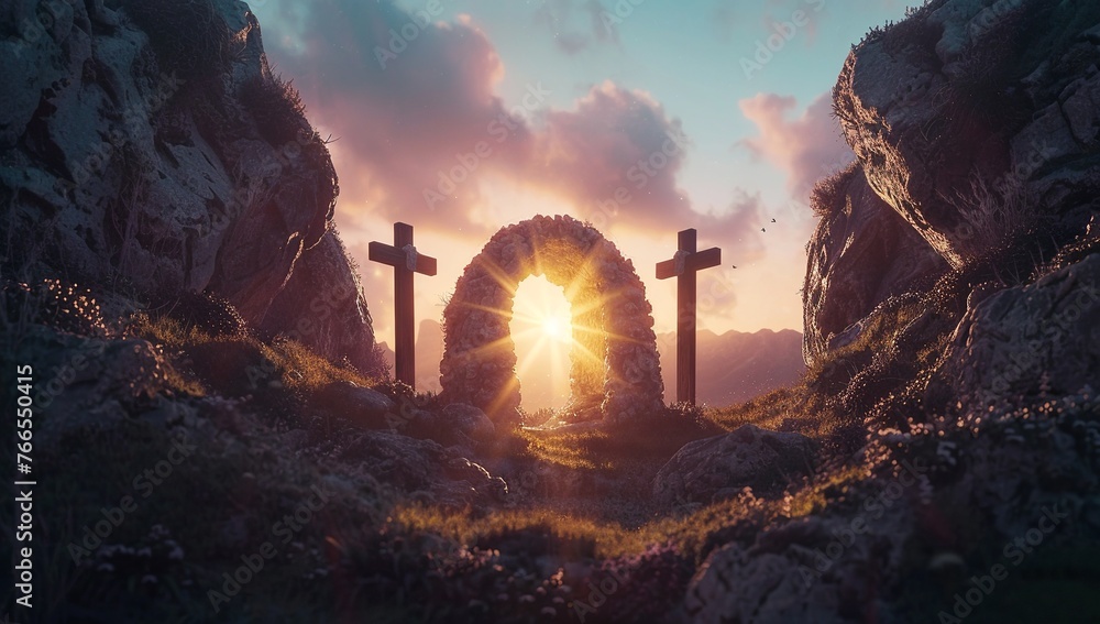 A tomb with stone doors open, showing the cross of Jesus Christ on ...