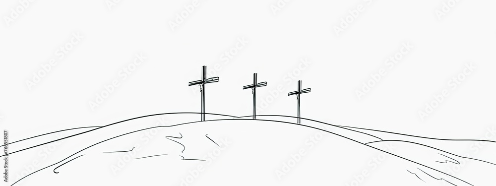 vector line art of three crosses on a hill, with a simple black outline ...