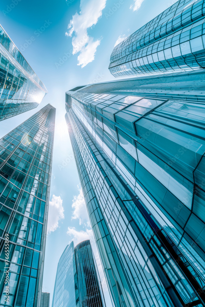 Observing the towering office buildings in a bustling cityscape from a ...