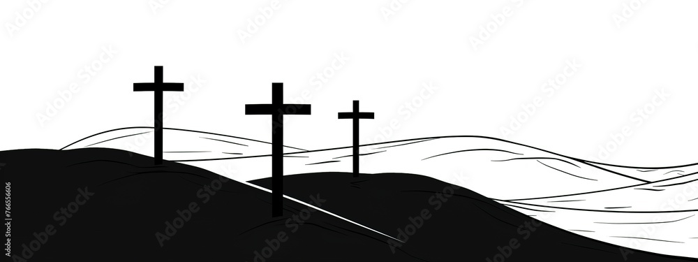 vector line art of three crosses on a hill, with a simple black outline ...