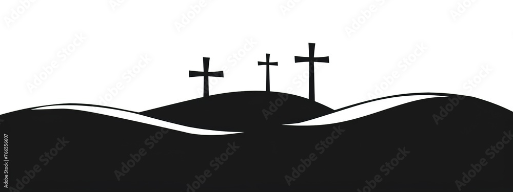 vector line art of three crosses on a hill, with a simple black outline ...