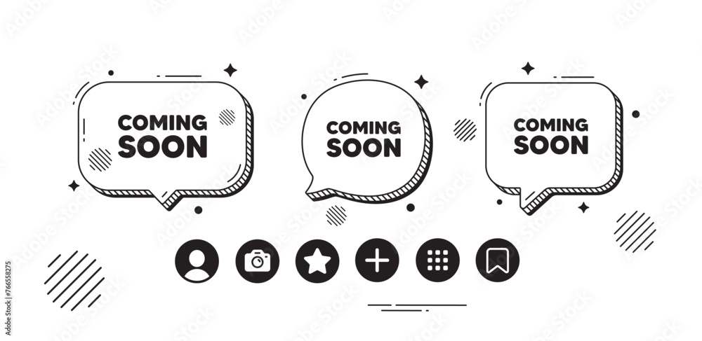 Coming soon tag. Speech bubble offer icons. Promotion banner sign. New ...