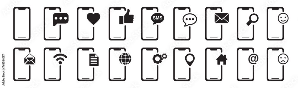 smartphone icon set with reaction, message sign, like. Chat bubble icon ...