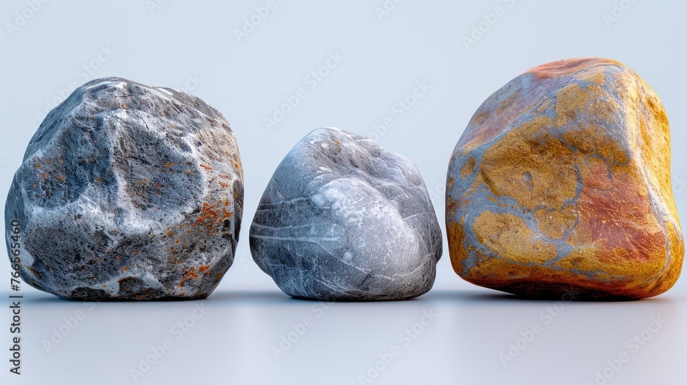 Three rocks of varying textures and colors. The left rock is gray and ...