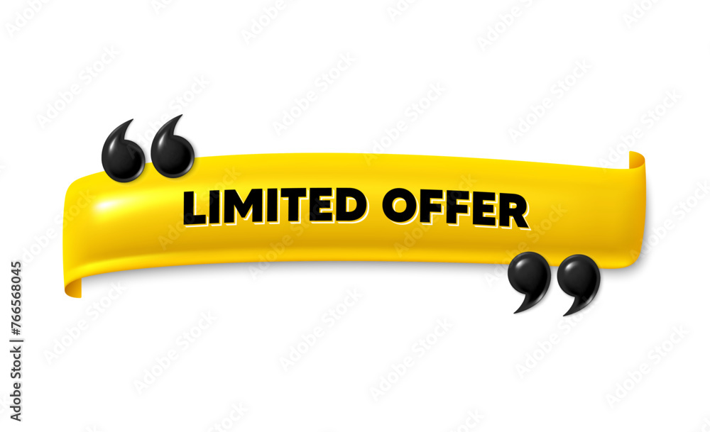 3d ribbon banner with double quotes. Limited offer symbol. Special ...