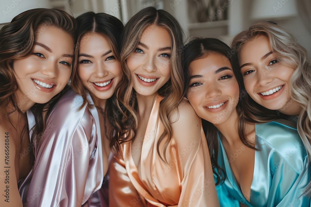Women in coordinated silk robes posing for a picture at a bachelorette ...