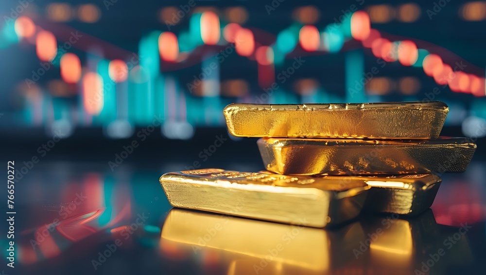 Gold bullion against stock market charts. Gold market financial data ...