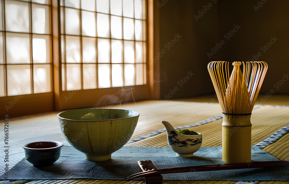 Japanese tea bowl sits gracefully beside a bamboo whisk and a tea scoop ...